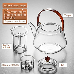 DOPUDO 1250ml/ 42oz Glass Teapot for Loose Tea Leaves, Glass Tea Kettle with Removable Infuser, Heat Resistant Wood Handle for Blooming Flower Tea Pot