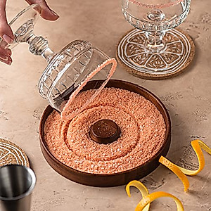 Unna Margarita Salt Rimmer Set - Large Acacia Bar Salt and Sugar Rimmer, Fits up to 5.5in Glasses, Citrus Reamer, Stainless Steel Cocktail Jigger, 2 Cork Drink Coasters, 4 Unique Recipes