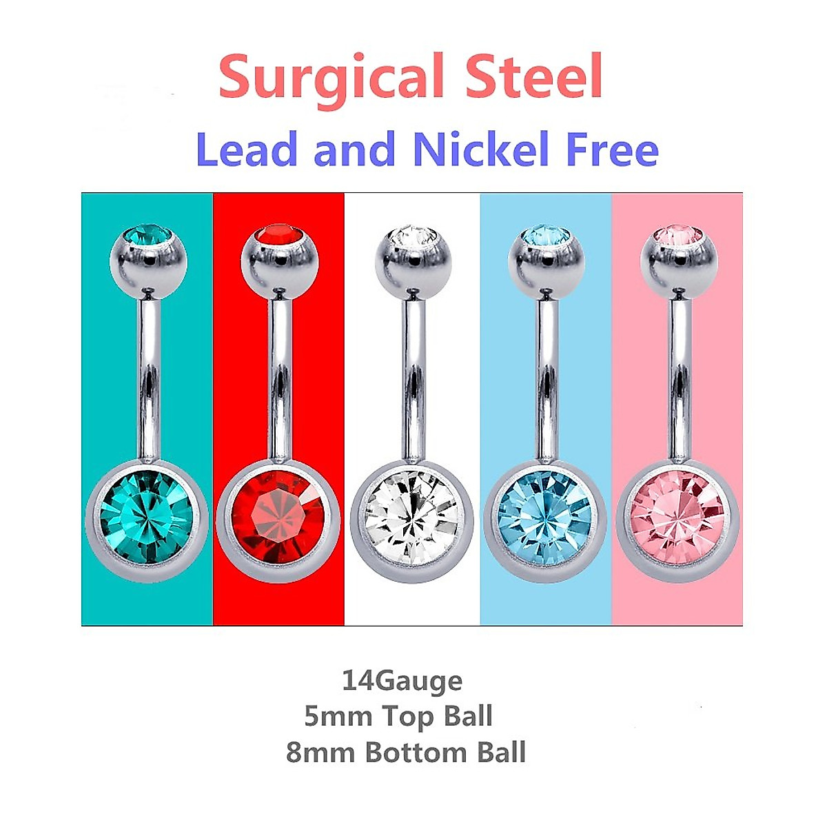 15 PCS Assorted Colors Belly Button Ring Surgical Steel Hypoallergenic Lead and Nickel Free,14 Gauge Navel Piercing Body Jewelry (15 PCS:Steel Ball)
