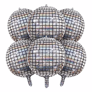 6 PCS Disco Ball Balloons Silver Disco Mylar Foil Balloons 22 Inch Huge 4D Round Metallic Sphere Disco Party Balloons for 70s 80s 90s Party Decorations Birthday Bachelorette Party Graduation