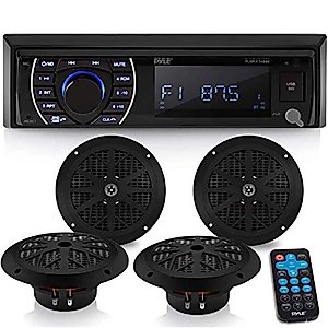 Pyle Marine Head Unit Receiver Speaker Kit - In-Dash LCD Digital Stereo Built-in Bluetooth & Microphone w/ AM FM Radio System 6.5’’ Waterproof Speakers (4) MP3/SD Readers & Remote Control -PLMRKT48BK