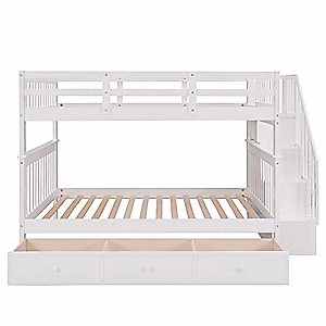 BIADNBZ Full Over Full Bunk Bed with Stairs Storage and Three Drawers, Detachable Stairway Wooden Bunkbeds Frame w/Guard Rail, for Kids Teens Adults Bedroom, White