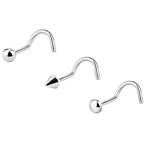 Forbidden Body Jewelry Set of 3 Nose Screws: 20g Surgical Steel Nose Rings with Ball, Button and Spike Tops