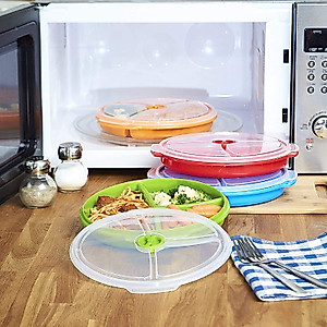 Home Products Essentials Microwave Food Storage Travel Tray Containers - Portion Control - 3 Section Compartment Divided Plates with Vented Lid For Easy Reheat (3, Red)