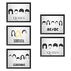 Rock Bands- Silhouette Music Wall Decor Prints, AC DC-Beatles-Queen-Nirvana-Scorpions. Ideal for Home Decor, Studio Decor, Bar or Man Cave Decor. Perfect Gift For Music Fan! Unframed-10x8"(5-PK)
