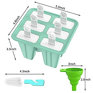 Popsicle Molds, Ouddy 6 Pieces Silicone Popsicle Molds DIY Reusable Ice Pop Molds - Easy Release Popsicle Maker with Silicone Funnel & Cleaning Brush(Green)