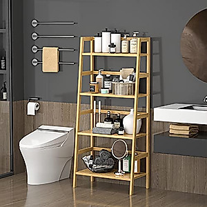 Homykic Ladder Bookshelf, 4-Tier Bamboo Ladder Shelf 49.2” Book Shelf Bookcase Floor Freestanding Bathroom Storage Rack Plant Stand for Small Space, Bedroom, Living Room, Easy to Assemble, Natural