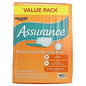 Equate Assurance Maximum Absorbency Unisex Premium Quilted Underpad Value Pack, XL, 30 Count (Pack of 6)