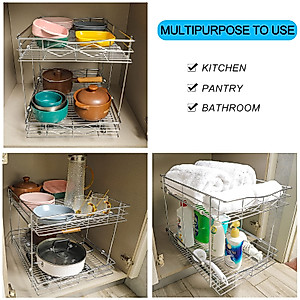 TQVAI 2 Tier Pull Out Cabinet Organizer, Sliding Out Under Sink Cookware Organizer, Wire Shelf Storage Basket for Kitchen Bathroom - 14" W x 21" D x 16-3/8"H, Request at Least 15 Inch Cabinet Opening