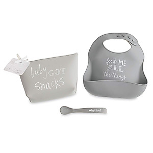 Mud Pie Gray Silicone Feeding Set, bib 9" x 8" | Pouch 6" x 8" | Spoon 6"