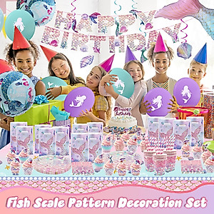 192pcs Mermaid Birthday Party Decorations, Happy Birthday Little Mermaid Theme Party Supplies Including Balloons Banner Tablecloth Plates Cups Napkins Cake Topper Gift Bag for Girls Kids Serve 20