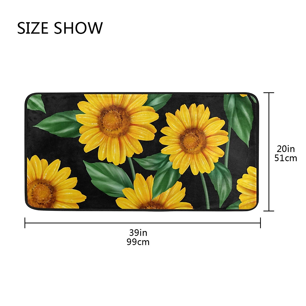 Sunflower Kitchen Rug Black Design Door Mat Bath Rug Home Decor Floor Mat Non-Slip Carpet for Kitchen Living Bedroom 39 x 20 Inch