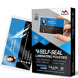 Everest Self Seal Laminating Pouches, Self Sealing for Small Cards Size, Waterproof, 10 Mil Thick, Gloss Finish, No Machine Needed (2.6x3.9, 25, Pack)