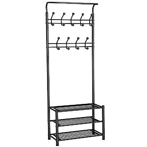Yaheetech Metal Coat Rack Shoe Bench, 3-in-1 Hall Tree, Entryway Shoe Bench with Coat Hat Umbrella Rack 18 Hooks, Black