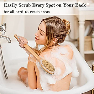 FREATECH Long Handle Body Brush Back Scrubber Exfoliator - 17.3" Wooden Bath Shower Brush, Dual-sided Brush Head with Soft Nylon Bristles and Stiff Natural Bristles for Wet or Dry Brushing