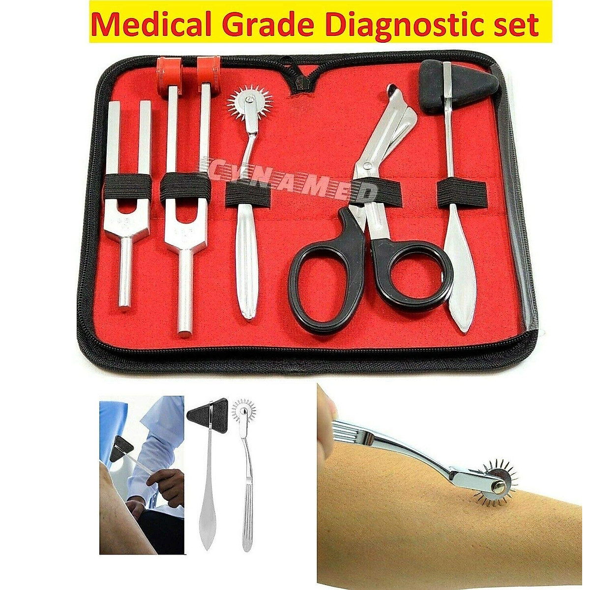 New 5 Piece Student Diagnostic Kit - Reflex Taylor Hammer and Tuning Fork Set C 128 and C 512. Includes Wartenberg Pinwheel, Premium Steel Bandage Scissor 7.5” Black