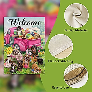 Covido Home Decorative Welcome Easter Eggs Pink Truck Dog Garden Flag, Country Puppy House Yard Daffodil Tulip Daisy Flowers Outside Decoration, Spring Floral Outdoor Small Decor Double Sided 12 x 18