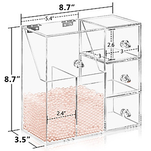 weddingwish Makeup Brush Holder with 3 drawers, Acrylic Makeup Organizer, Covered Costmetic Storage Box with Pink Beads,Heavy-Duty Acrylic, Bathroom Cosmetics Storage System…