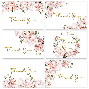 Whaline 36 Packs Floral Gold Foil Thank You Cards Watercolor Pink Flower Greeting Cards Blank Note Cards with Envelopes and Stickers for Wedding Baby Shower Bridal Shower Party, 4 x 6 Inch