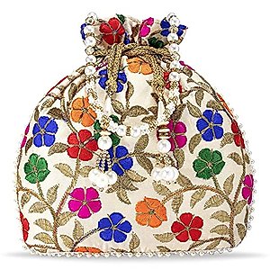 Aheli Ethnic Designer Embroidered Silk Potli Bag Batwa Pearls Handle Clutch Purse for Women (P01) (Multi Floral 4)