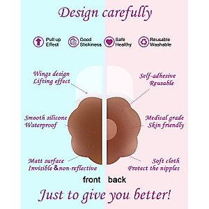 MSLO Lifting Nipple Covers Breast Petals Reusable Adhesive Invisible Bra Silicone Sticky Pasties Lift Wing for Women (2.6 inchs, Brown, 4)