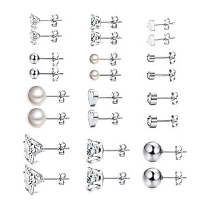 Thunaraz 12Pairs Surgical Steel Stud Earring Set Earring Ball Triangle Heart CZ Earring