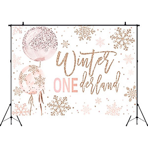 Aperturee 7x5ft Blush Pink Winter Onederland Theme Backdrop Girl One Years Old Birthday Party Christmas Snowflake Snow Landscape Photography Background Bokeh Glitter Balloon Banner Decor Photo Booth