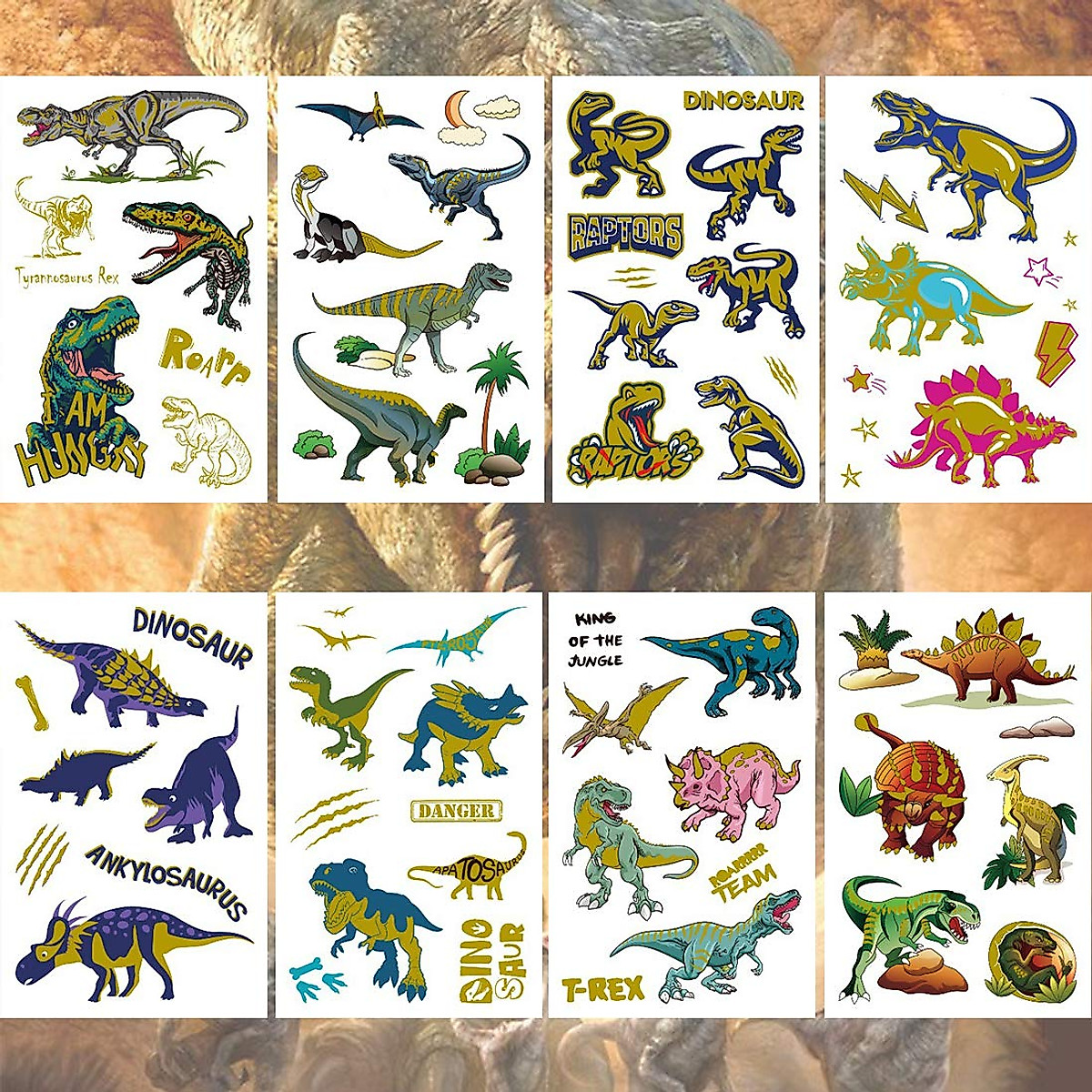 Ooopsiun Glitter Dinosaur Temporary Tattoos for Kids - 70 Gold Glitter Styles, Dinosaur Birthday Party Decorations Supplies Favors for Boys Kids