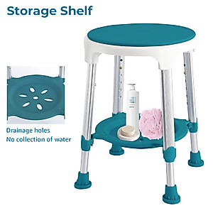 KSITEX Shower Stool Chair for Inside Shower, Upgrade Small Corner Plastic Stool for Seniors Adult, 360° Swivel Shower Stool Seat for Bathroom, 6-Level Adjustable Height Bath Chair Stools with Shelf