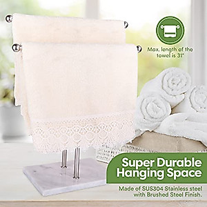 Homeries Marble Hand Towel Holder - Stainless Steel Towel Stand with Round Marble Base - Double T-Shape Hand Towel Valet for Bathroom, Vanity Top Towel Stand, Counter Towel Bar, Jewelry Rack