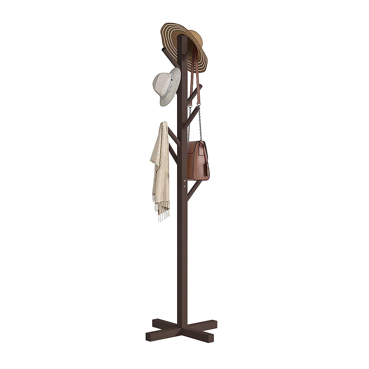 Tiasott Wooden Coat Rack Stand,Free Standing Tree Hanger,Standing Coat Rack with 8 Hooks,Hallway Entryway Clothes Hanger for Suits,Hats,Scarves,Handbags,Umbrella,Brown