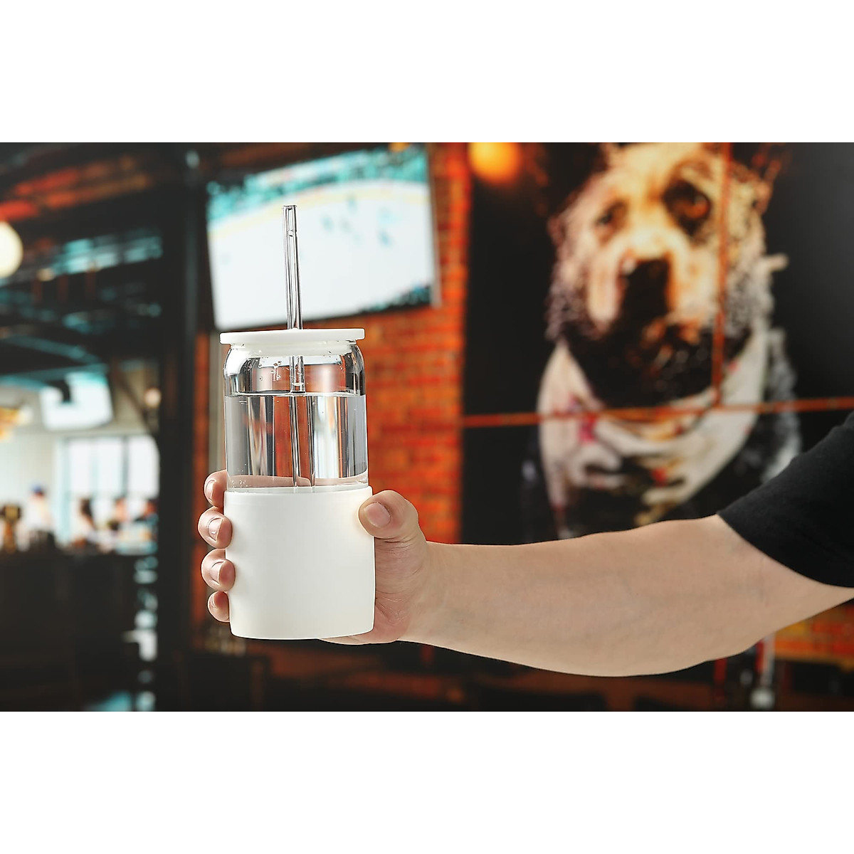 Sunseeke Glass Tumbler with Straw and Lid, 16oz Ice Coffee Cup, Silicone Sleeve Cleaning Brushes, Drinking Glasses for Water, Iced Coffee, Smoothie - BPA Free -3 Pack