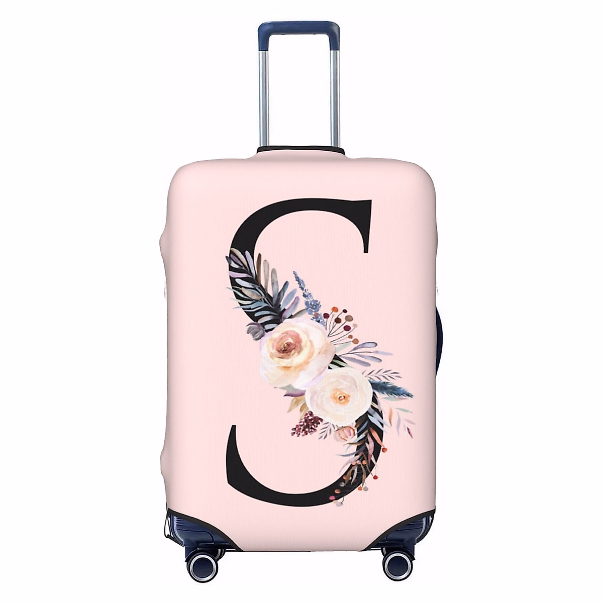 Elastic Travel Luggage Cover Cute Pink Suitcase Protector Bag,Black Letter S With Boho Floral Flowers Leaves Anti-Scratch,Dust-Proof Washable Suitcase Sleeve For Kid Adult,L (For 25-28 Inch Luggage)