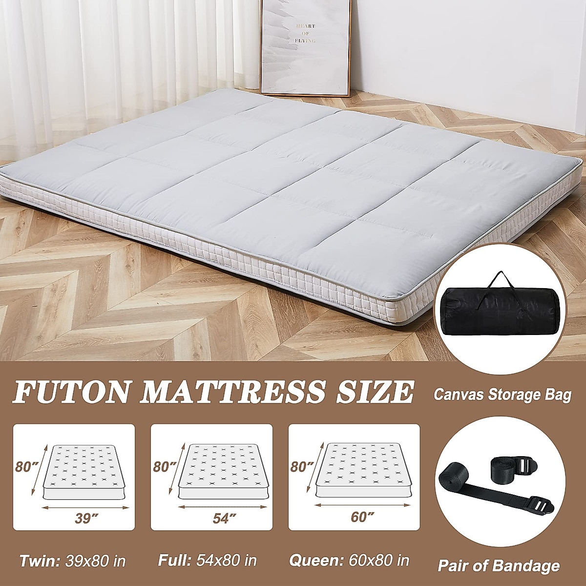 DoCred Full Size Futon Mattress, Extra Thick Foldable Japanese Floor Mattress Memory Foam Sleeping Pad for Adults - Roll Up Mattress Tatami Mat Folding Sleeping Pad Breathable Floor Lounger Guest Bed