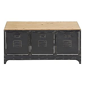 Deco 79 Metal Low Profile File Cabinet 3 Drawers Storage Bench with Brown Wood Top, 39" x 16" x 19", Black