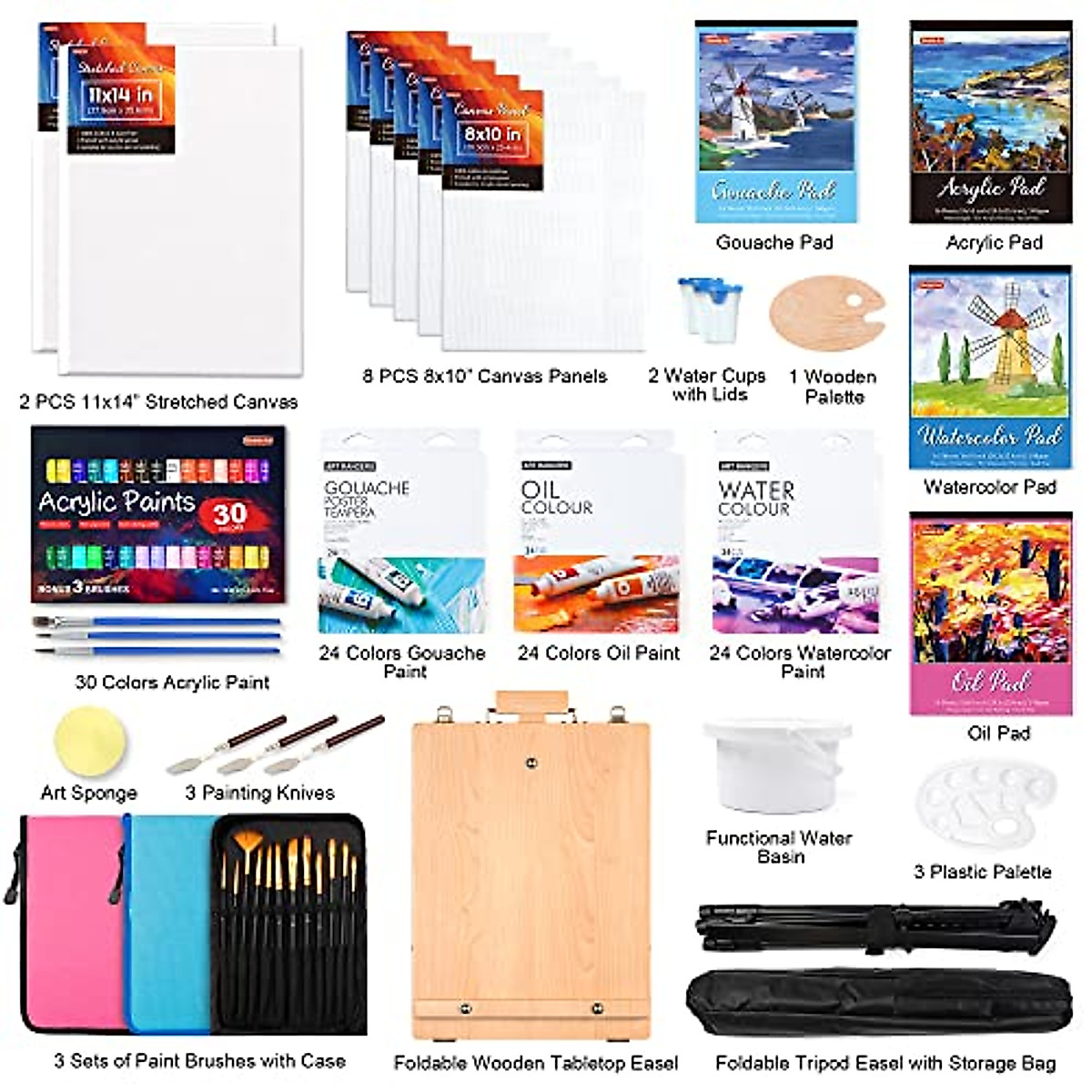 170 Pcs Artist Painting Set, Shuttle Art Deluxe Art Set with Paint, Aluminum and Wooden Easels, Canvas, Paper Pads, Brushes and Other Art Supplies, Complete Painting Kit for Adults, Kids and Artists