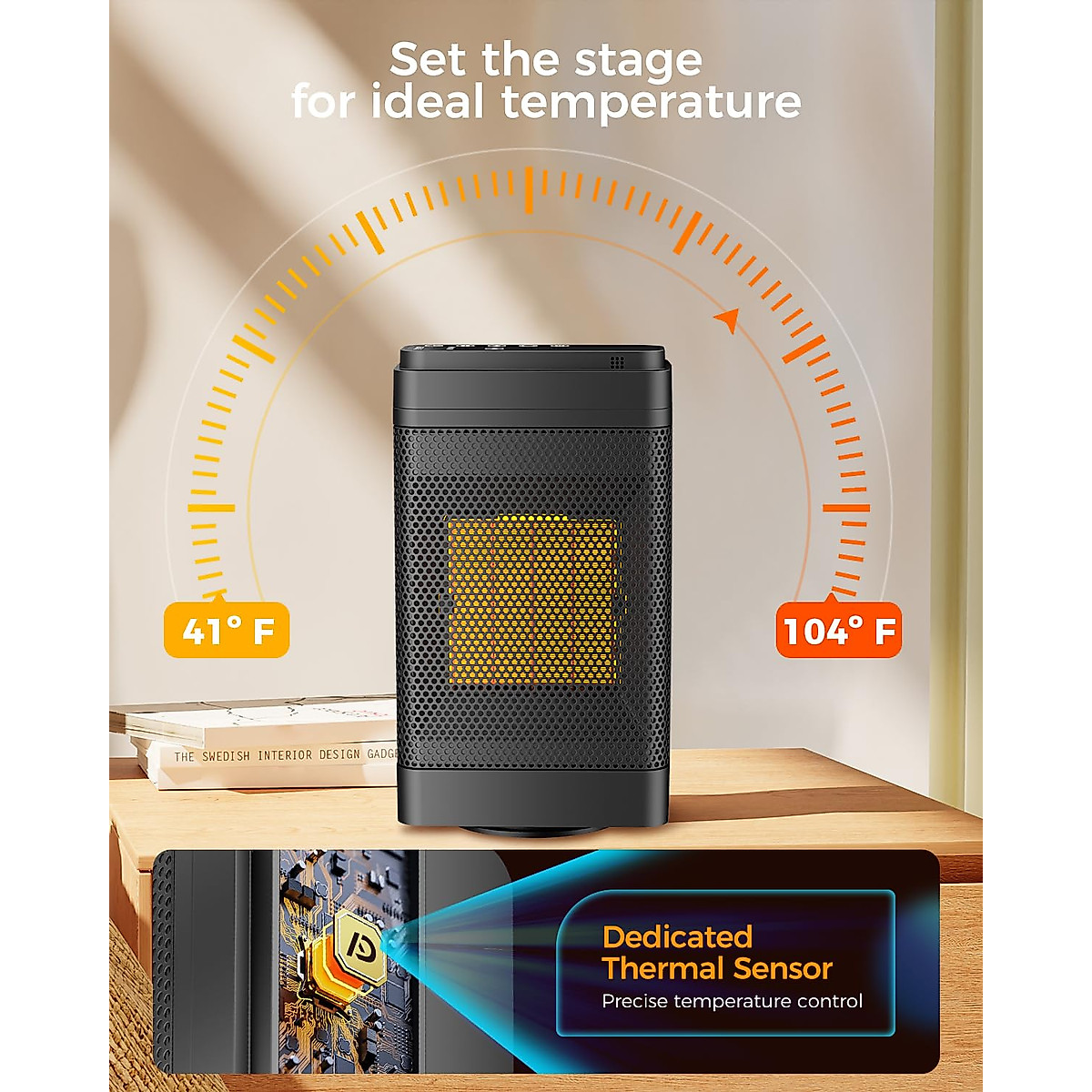 Space Heater Indoor with Thermostat, Max temperature 104°F, 1500W Portable Heaters for Indoor use with Remote, PTC Ceramic Electric Heater for Bedroom Office safety heater, 70°Oscillation, 12h Timer