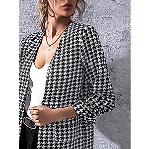 Milumia Women's Elegant Open Front Houndstooth Ruched Sleeve Work Blazer Suit Outerwear Black and White X-Small