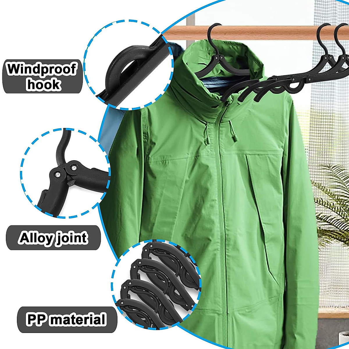 exinddea 12 PCS Travel Hangers,Portable Folding Clothes Hangers Travel Accessories,Foldable Clothes Drying Rack for Travel,Travel Clothes Hangers with Clotheslines,Black Non Slip Clothing Hangers