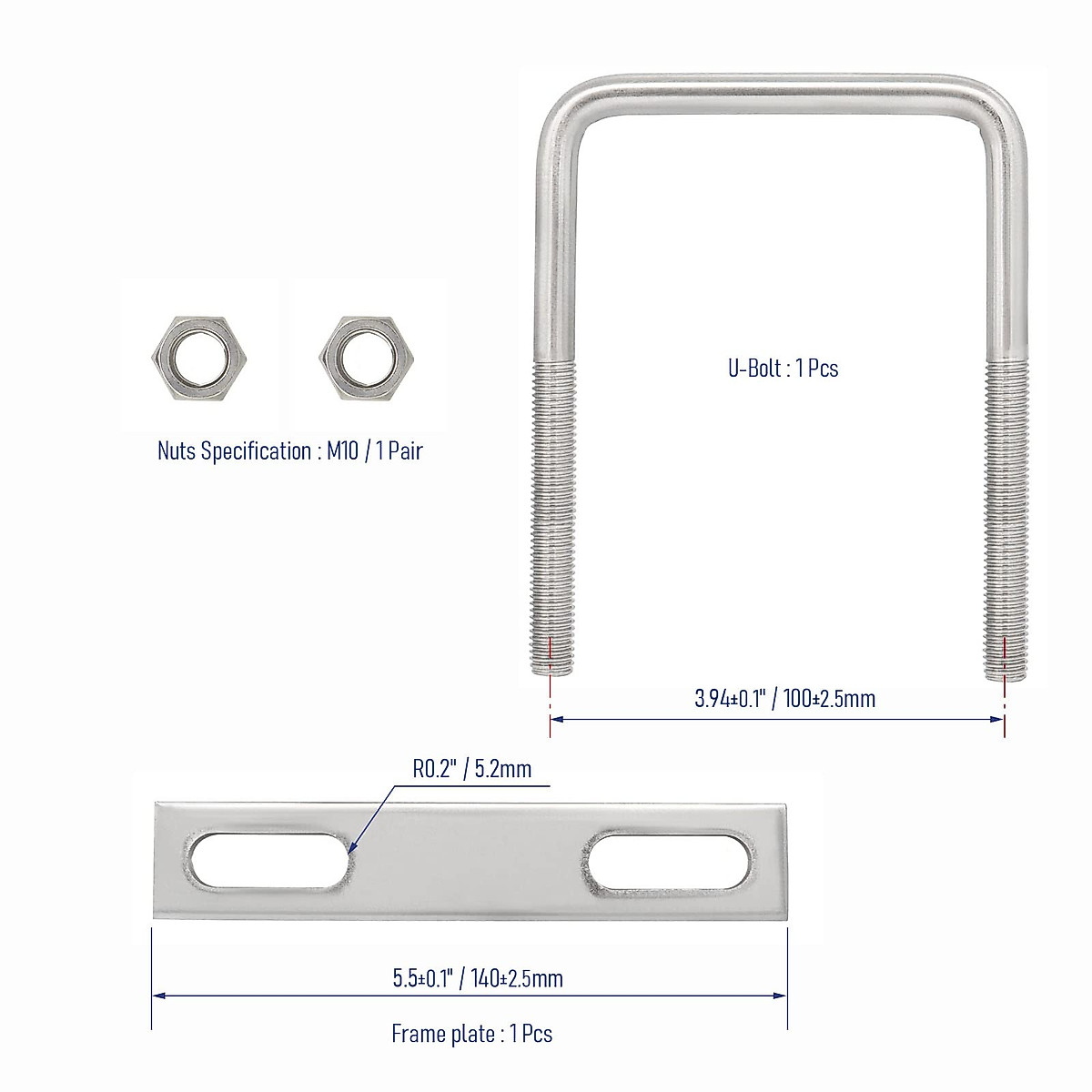 FOCMKEAS 304 Stainless Steel Square U-Bolts 3.54"(90mm) Inner Width, 5.91"(150mm) Length Stainless M10 with Nuts, Frame Plate, Accessories for Automobiles Trailer, Boat Trailer Industrial Parts