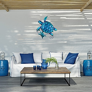 JOYBee Metal Sea Turtle Wall art Decor Outdoor Indoor Nautical Hanging Art Blue Green Stained Glass Decorative Sculpture for Garden Pool Patio Balcony Kitchen or Bathroom(12.5 * 11inch)
