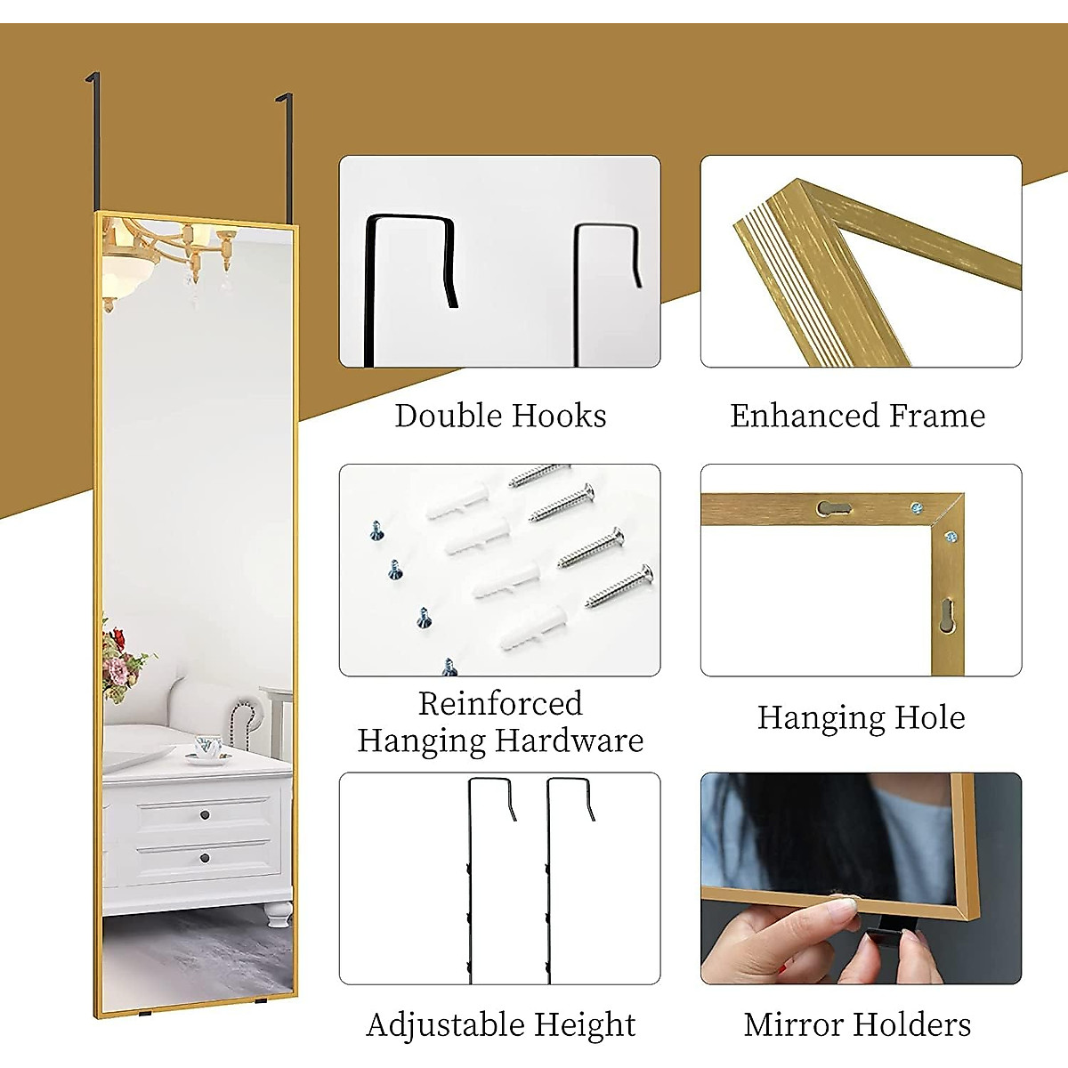FANYUSHOW Full Length Mirror, Over The Door Mirror or Wall Mirror with Hanging Brackets, Full Body Mirror for Bedrooms, Bathrooms, Living Room, Gold, 50” x 14”