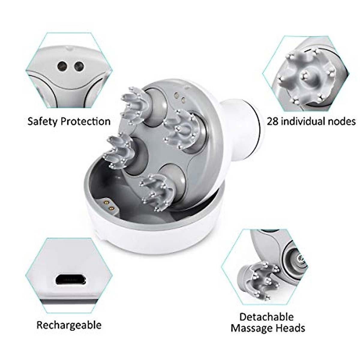 LATME Scalp Massager with 4 Replacement Massage Heads Portable Head Scratcher with Tissue Kneading Nodes Gifts Idea Stress Release Massager for Muscles Shoulder Calf