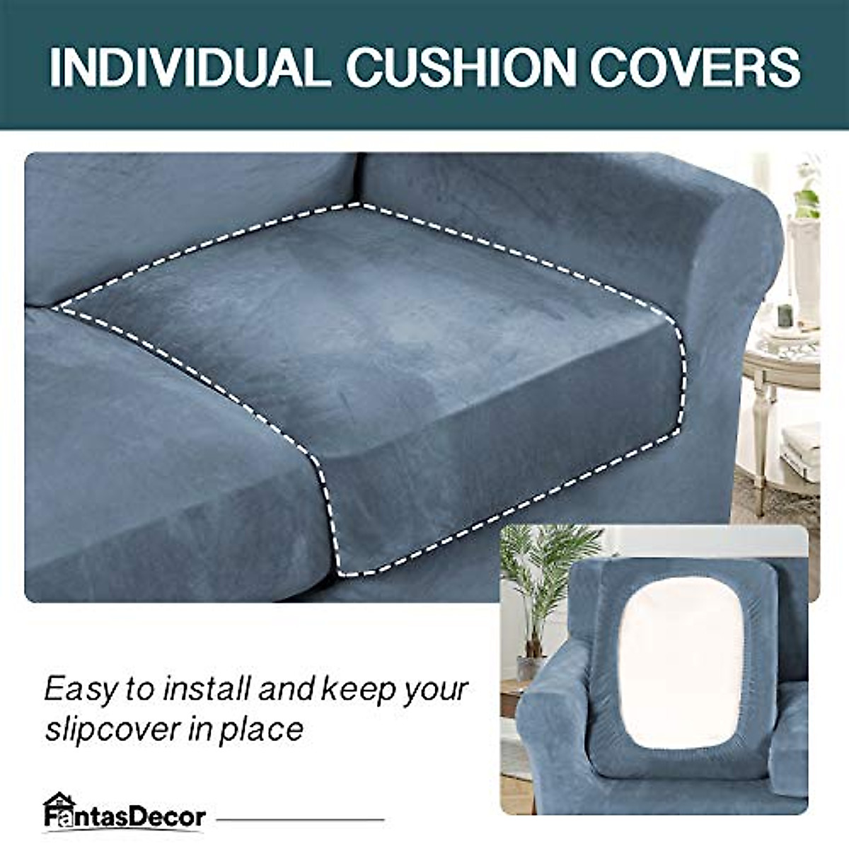 FantasDecor 4 Piece Sofa Velvet Couch Covers for 3 Cushion Stretch Slipcover with Individual Seat Cushion Elastic Furniture Protector for Pets, Machine Washable (Sofa,Stone Blue)
