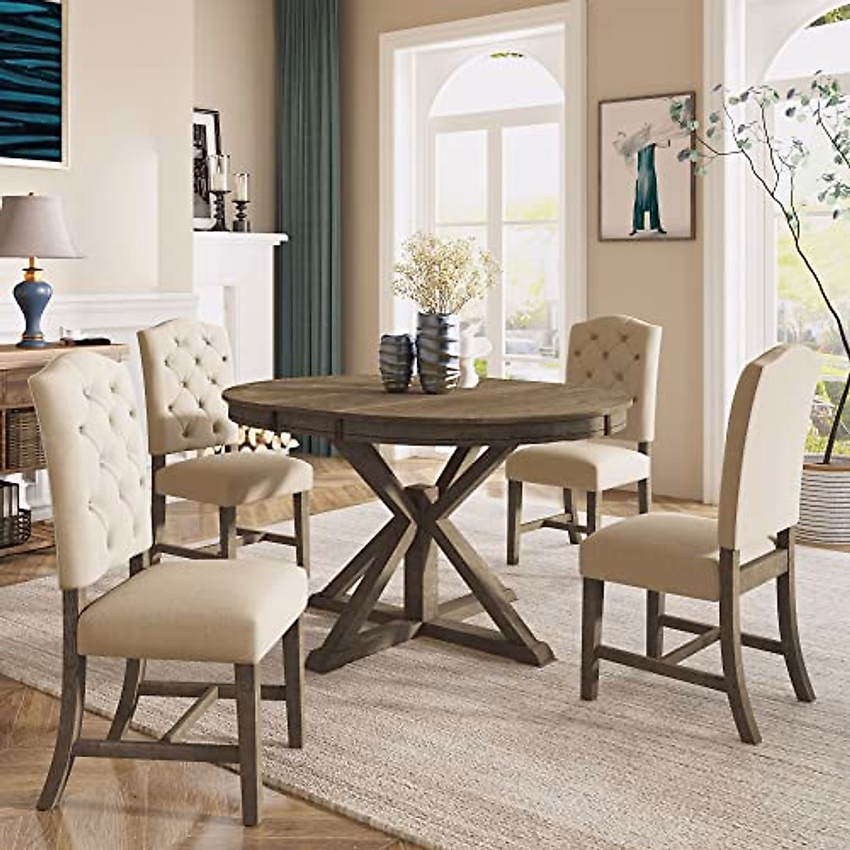 WOZNLA 5-Piece Retro Style Extendable Round Dining Table Set with 4 Upholstered Chairs - Classic Elegance for Your Dining Space