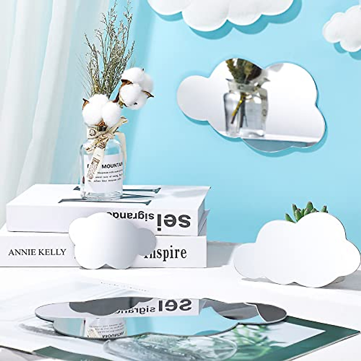 8 Pcs 3D Acrylic Cloud Shape Mirror Wall Art Decor Removable Self Adhesive Decorative Cloud Mirror Stickers Decals for Kids Girls Bedroom Bathroom Playroom Living Room Nursery Decoration