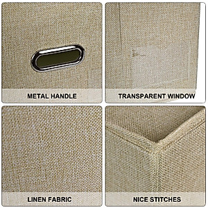 Foldable Storage Boxes with Lids Linen Fabric Collapsible Clothing Bin Organizer Baskets Containers with Carry Handles Transparent Slot Design for Home Bedroom Office Kids Room (Khaki, 3 Pack)