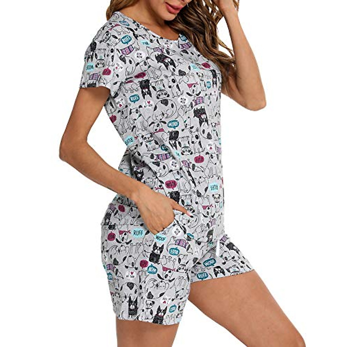 ENJOYNIGHT Women's Cute Sleepwear Print Tee and Shorts Pajama Set (Large, Grey Dog)