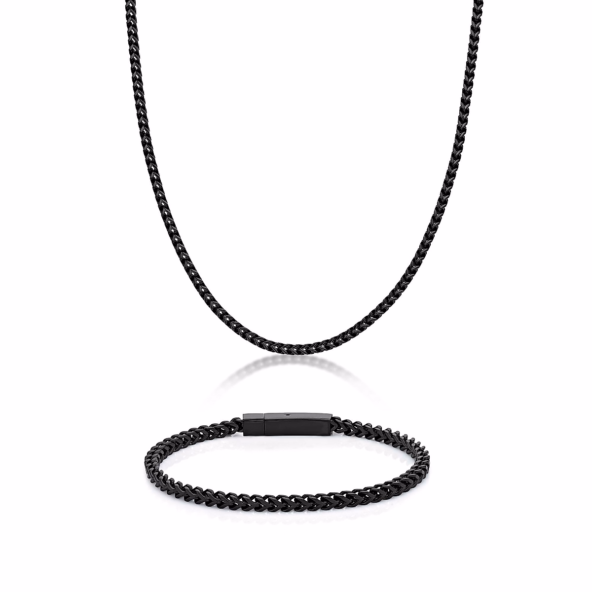 Metro Jewelry Thick Foxtail Chain Necklace and Bracelet Set for Men in Stainless Steel with Black Ion Plating 4 mm Wide 22 Inches Long Jewelry Set