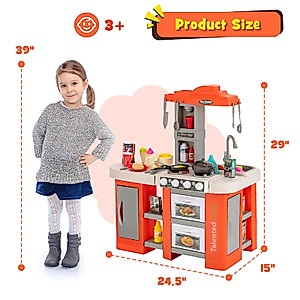 Costzon Kids Kitchen Playset, 67PCS Pretend Chef Play Food Toy Set with Play Sink, Realistic Lights Sounds Steam Spray Simulation, Indoor Cooking Play Kitchen for Toddlers (Orange)